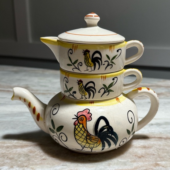 Dining | Vintage Stacking Sassy Rooster Tea Set Teapot Sugar Creamer ...